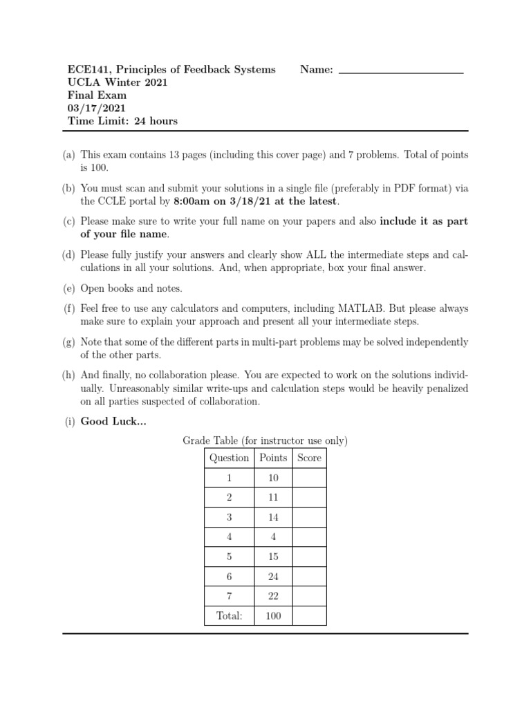 2021 Winter 141 Final Open Book | PDF | Control Theory | Feedback