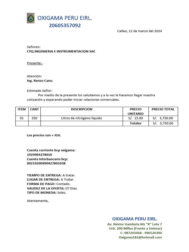 cotizacion cyq nitrogeno liquido 12-03-2024 | PDF