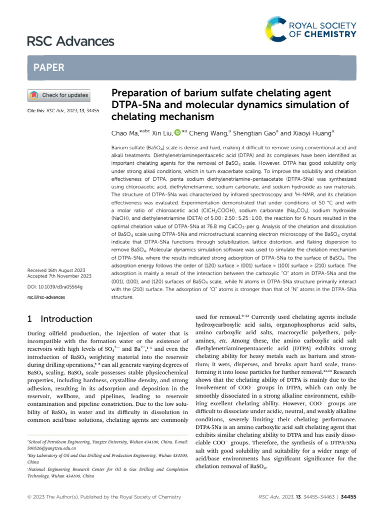 Barium Sulfate Scale Removal with DTPA-5Na | PDF | Solvation | Adsorption