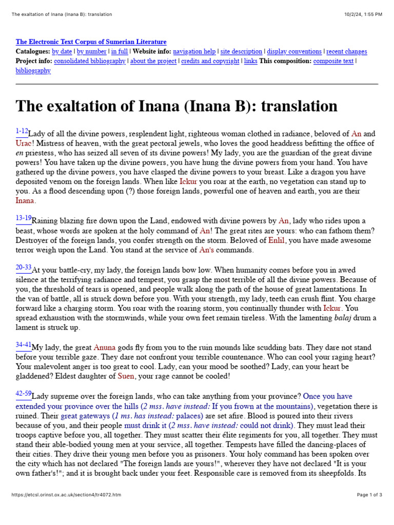 The Exaltation of Inana (Inana B) - Translation | PDF