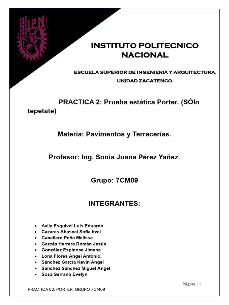 Práctica #2 - Prueba Estática Porter (Tepetate) . | PDF | Laboratorios | Ciencias de la Tierra