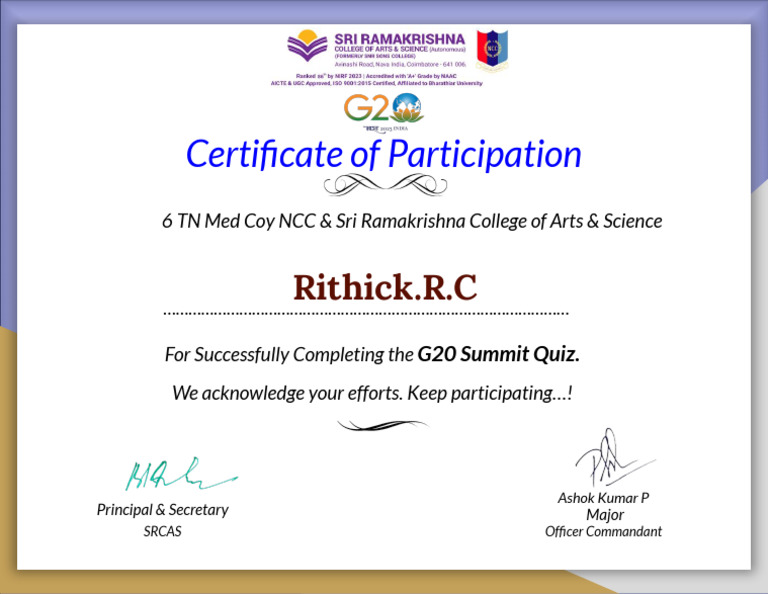 G20 Summit Quiz Participation Certificate | PDF