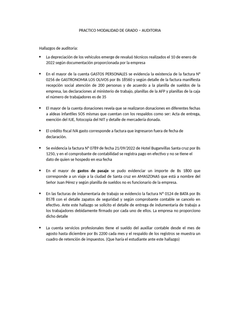 Hallazgos de Auditoria Practico EERR | PDF