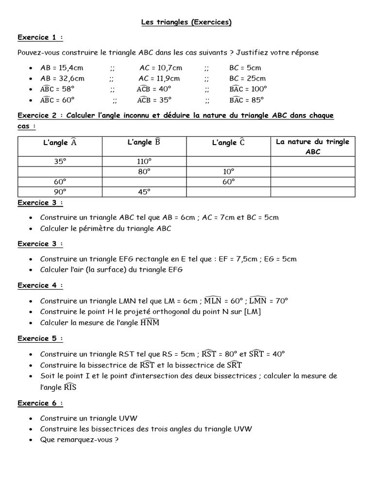 Exercices sur les triangles et bissectrices | PDF | Triangle | Triangle