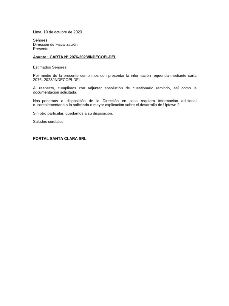 Carta N 2076-2023-Indecopi-Dfi | PDF