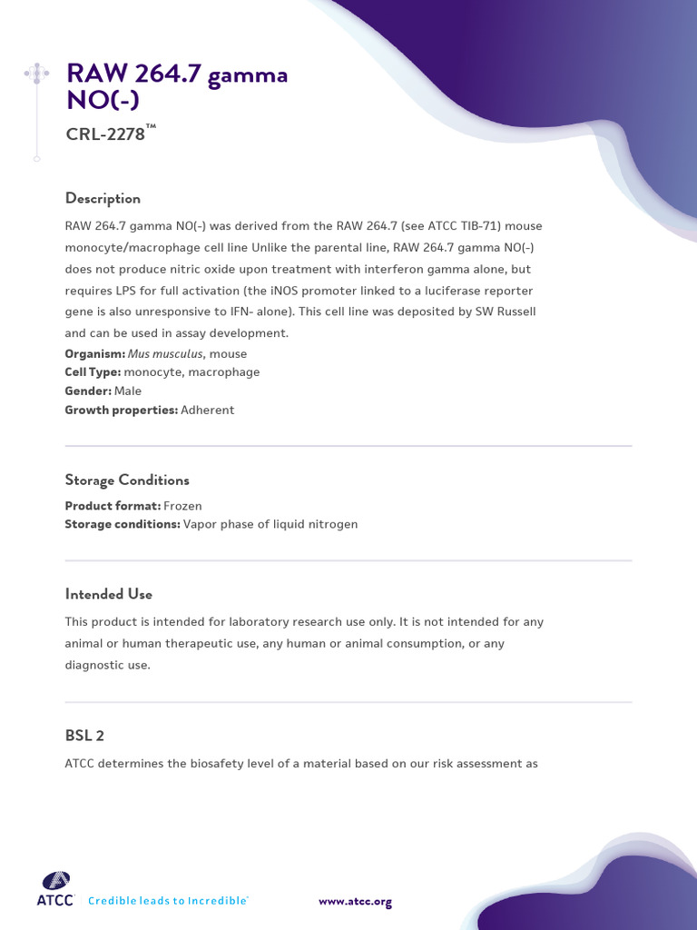 CRL-2278 Product Sheet - RAW 264.7 gamma NO(-) | PDF | Atcc (Company) | Interferon