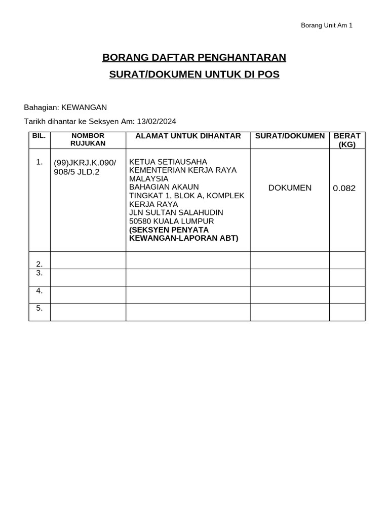 Borang Unit Am 1 (POS LAJU) | PDF