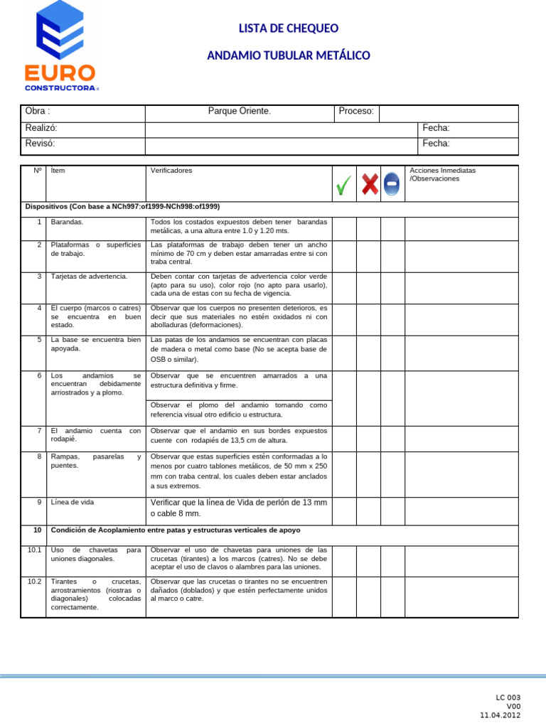 Checklist de Seguridad Andamios Metálicos | PDF | Andamio