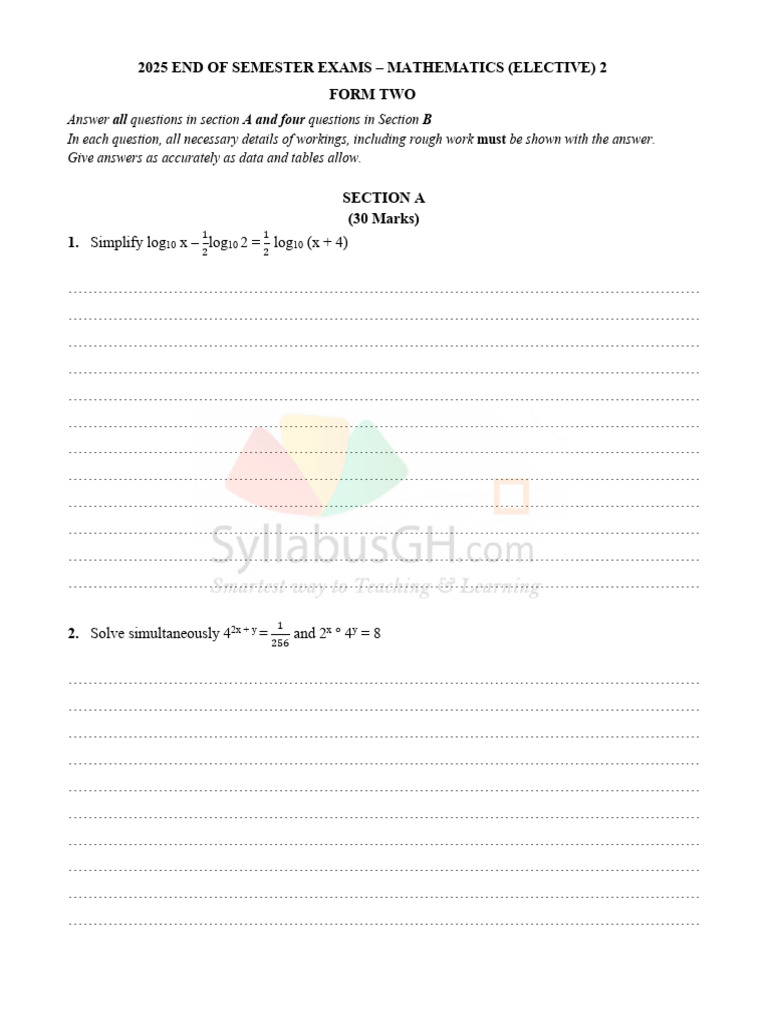 2025 SHS2 End of Semester Exams Mathematics Elective 2 | PDF | Mathematics