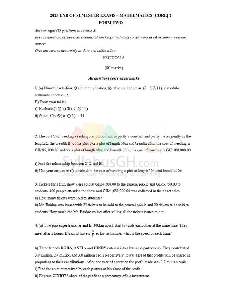 2025 SHS2 End of Semester Exams Mathematics 2 | PDF | Interest | Percentage