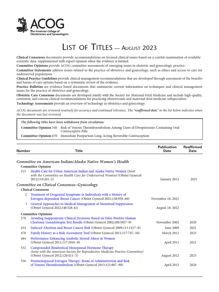 ACOG Combined List of Titles | PDF | Hormone Replacement Therapy ...