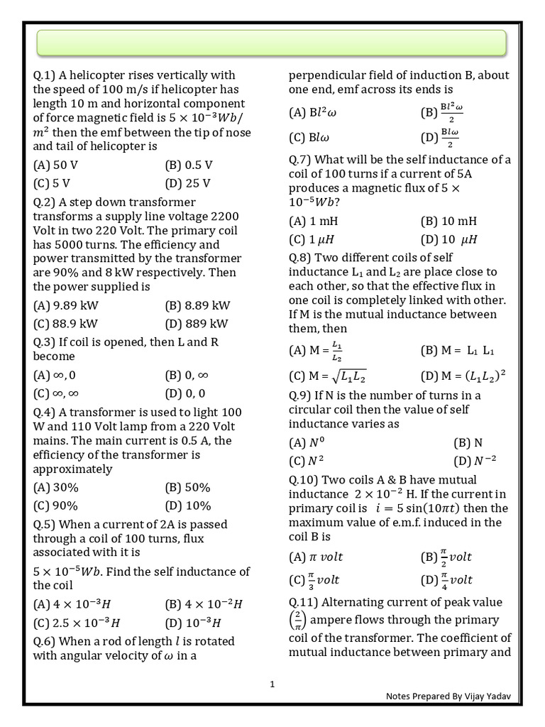 Electromagnetic Induction Practice Questions | PDF | Inductor | Inductance