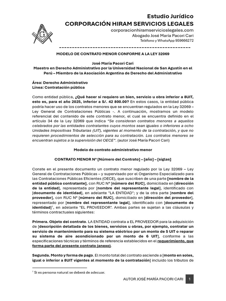 Modelo de Contrato Menor Conforme A La Ley 32069 - Autor José María ...