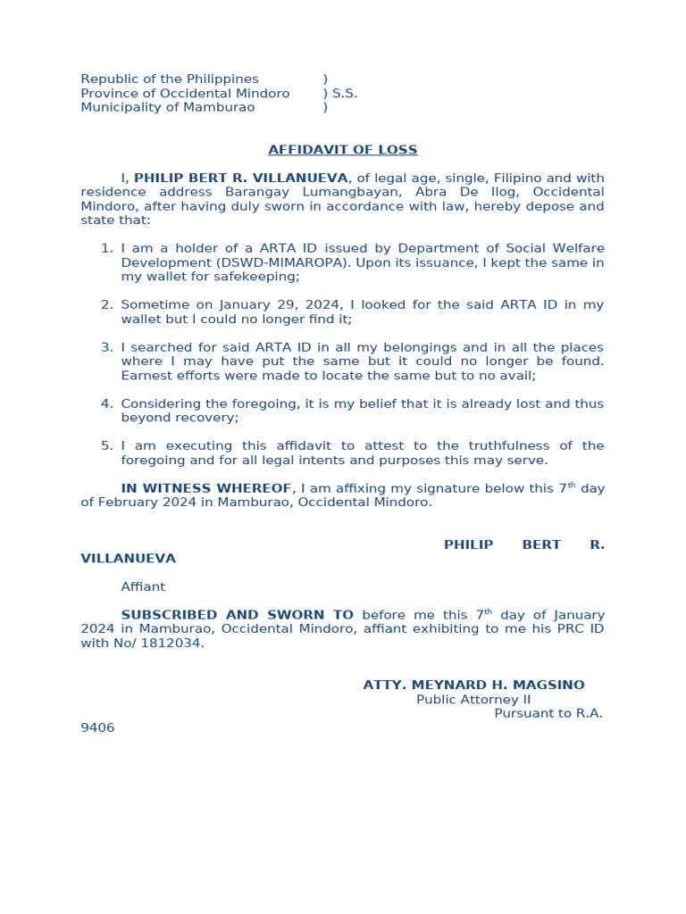 Affidavit of Loss - TIN ID | PDF