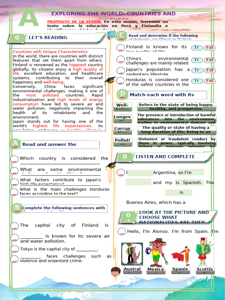 Ficha 02 - Evaluacion Diagnostica - Jec - A1 - Exploring The World Countries and Cultures | PDF ...