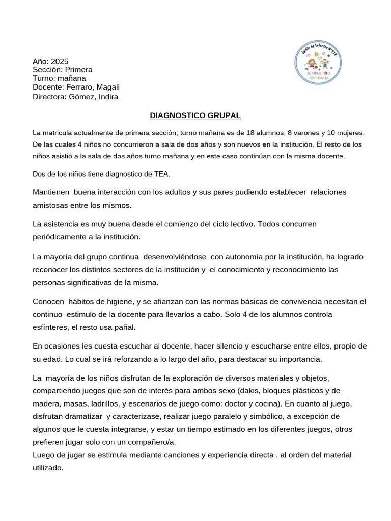 Diagnostico Grupal Sala de 3 | PDF