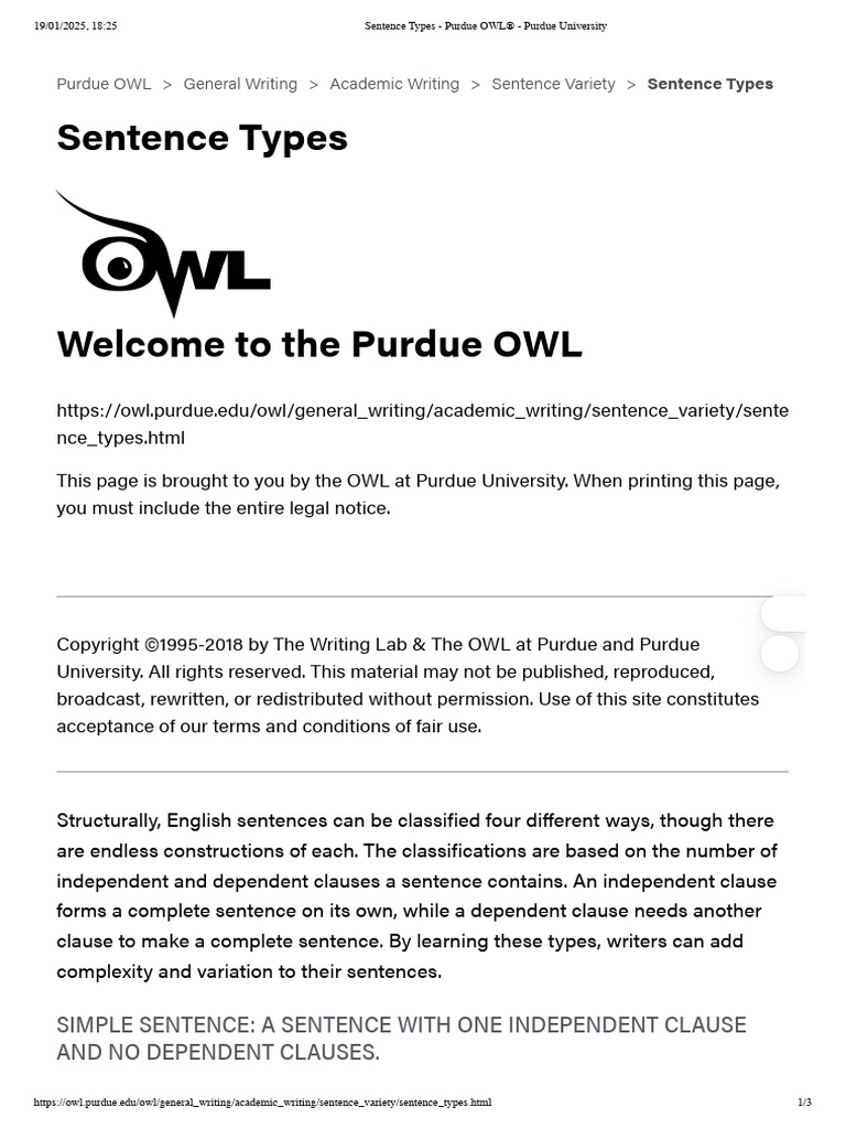 Sentence Types - Purdue OWL® - Purdue University | PDF