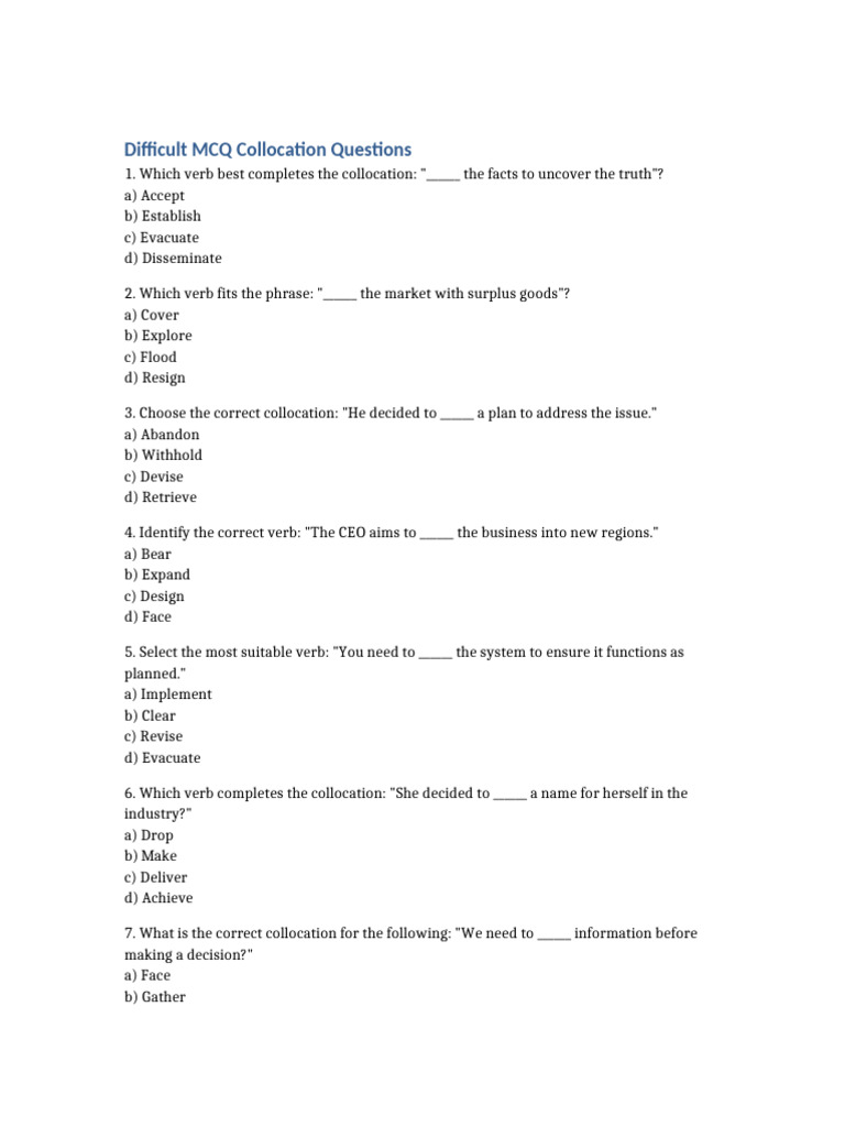 Difficult MCQ Collocation Questions | PDF