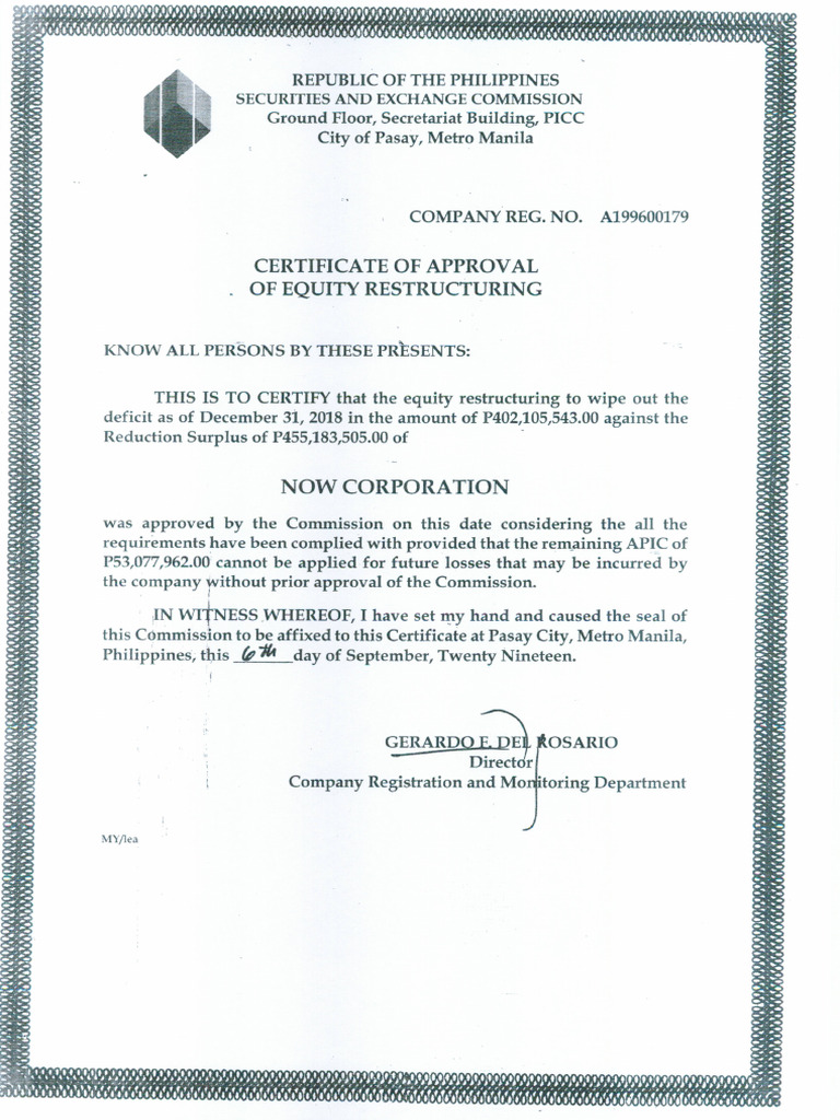 NOW CORP - SEC Cert of Approval - Equity Restructuring - Decrease of ...