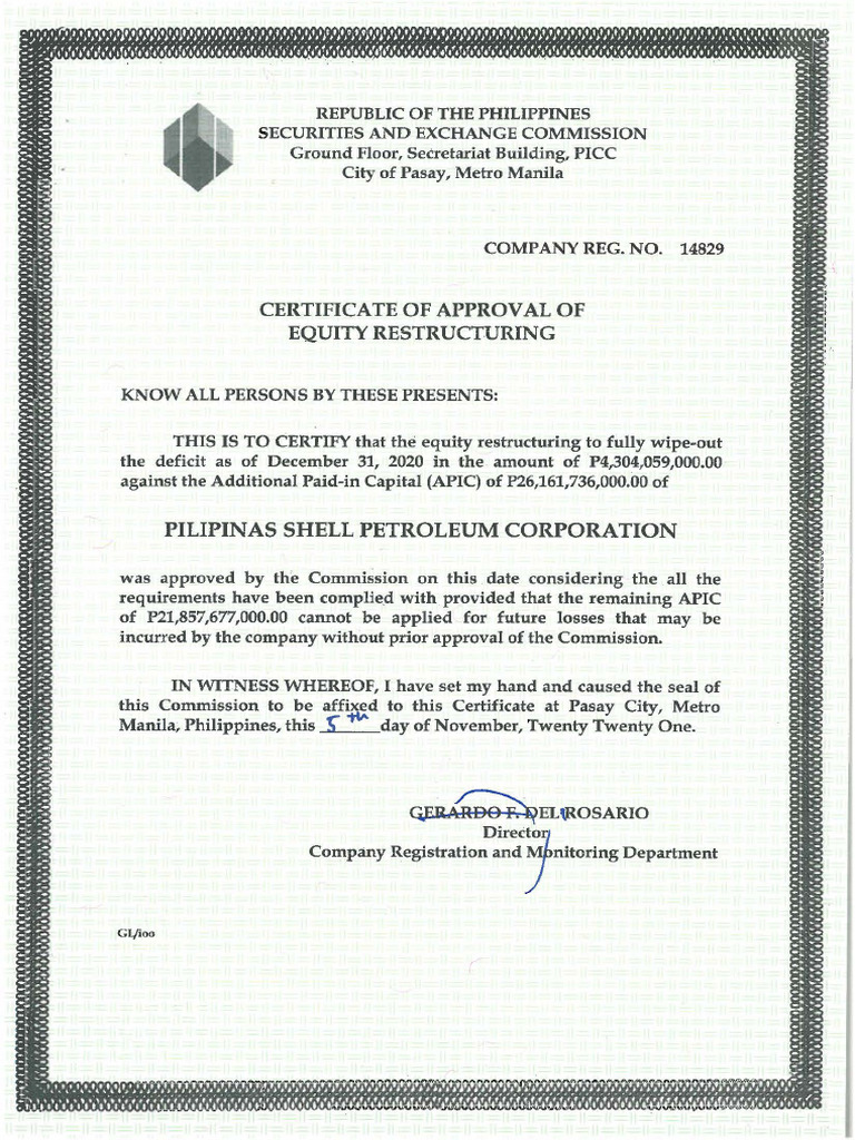 Shlph Certificate of Approval of Equity Restructuring Redacted | PDF ...