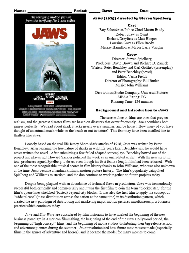Jaws (1975) Film Study Guide | PDF