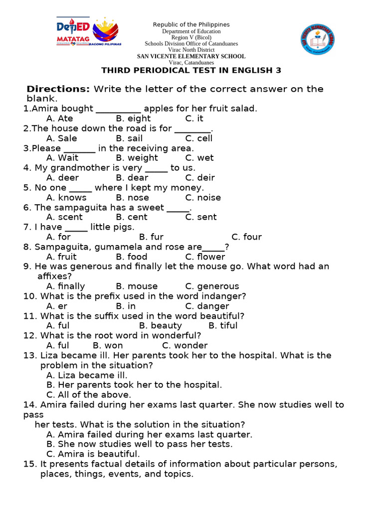 Third Periodical Test: English 3 | PDF