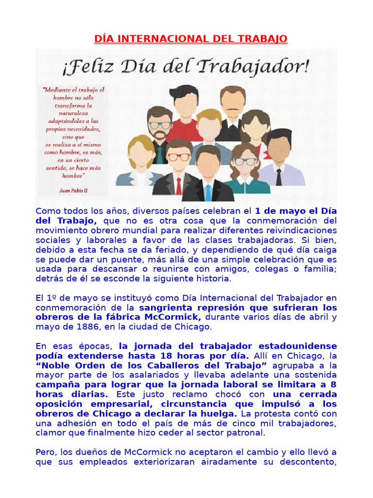 Historia del Día Internacional del Trabajo | PDF | Conflicto social ...