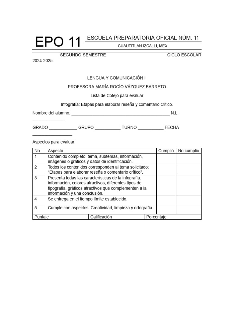Lista de Cotejo - Lengua y Comunicaci-N II - P2 - Infograf-A - Etapas para Redactar Rese-A | PDF