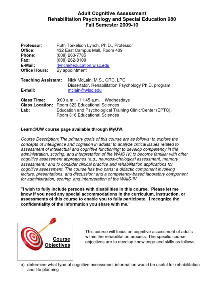 Adult Cognitive Assessment Course Overview | PDF | Wechsler Adult ...