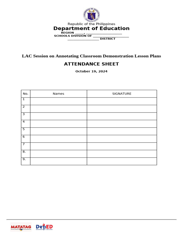 Attendance Sheet for LAC Session | PDF