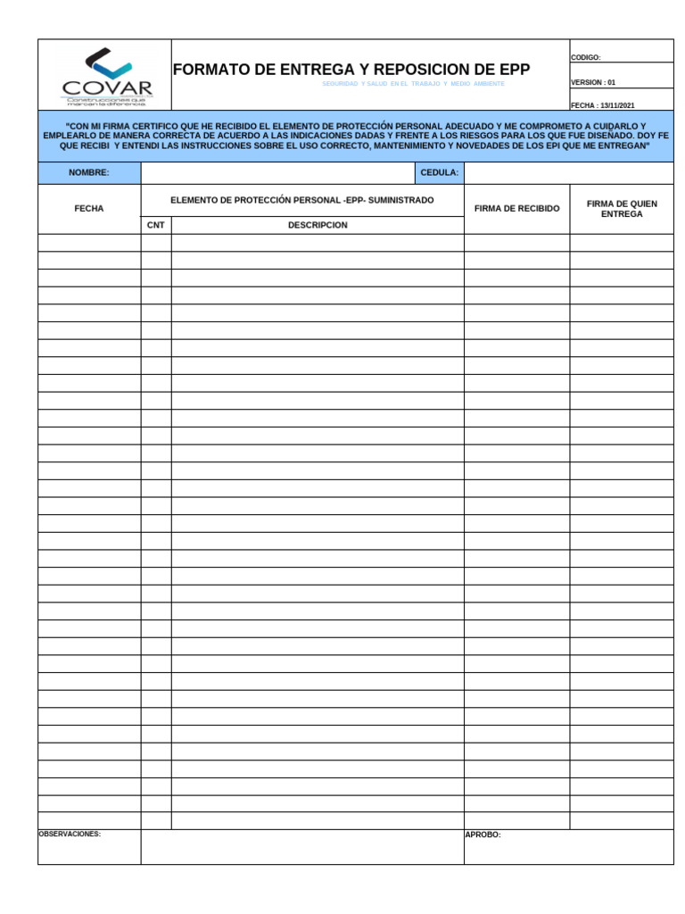 FORMATO ENTREGA DE EPP | PDF
