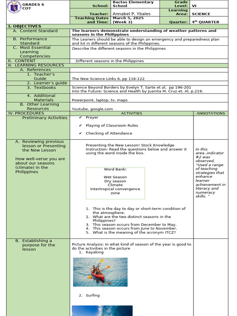 Sci 6 Q4 w3- Describe the Different Seasons in the Philippines-f | PDF | Learning | Teachers