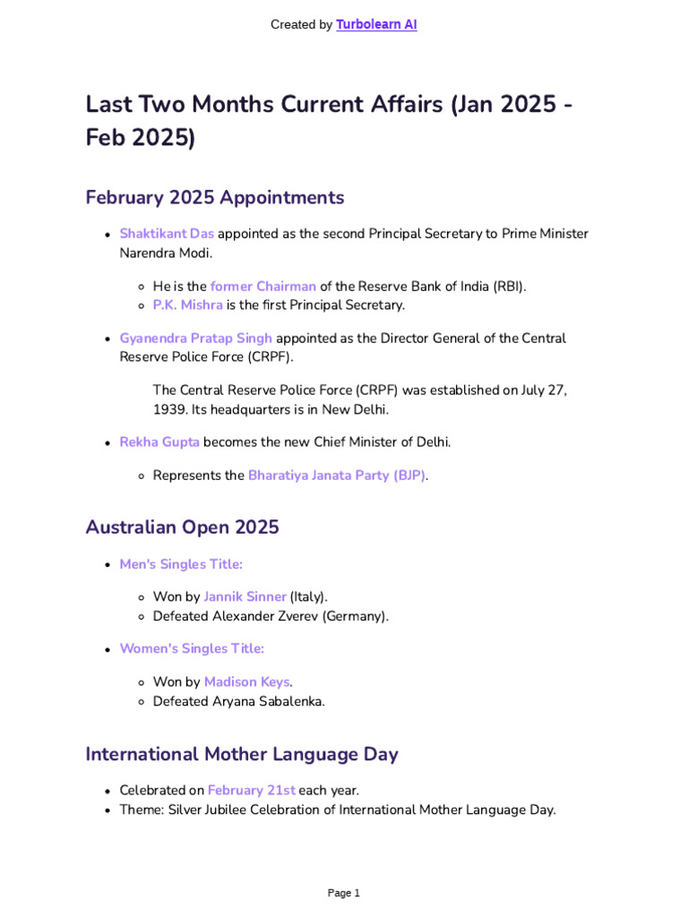 Current Affairs (Jan 2025 - Feb 2025) | PDF