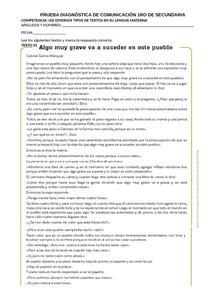 Prueba Diagnóstica de Comunicación 1ro de Secundaria | PDF