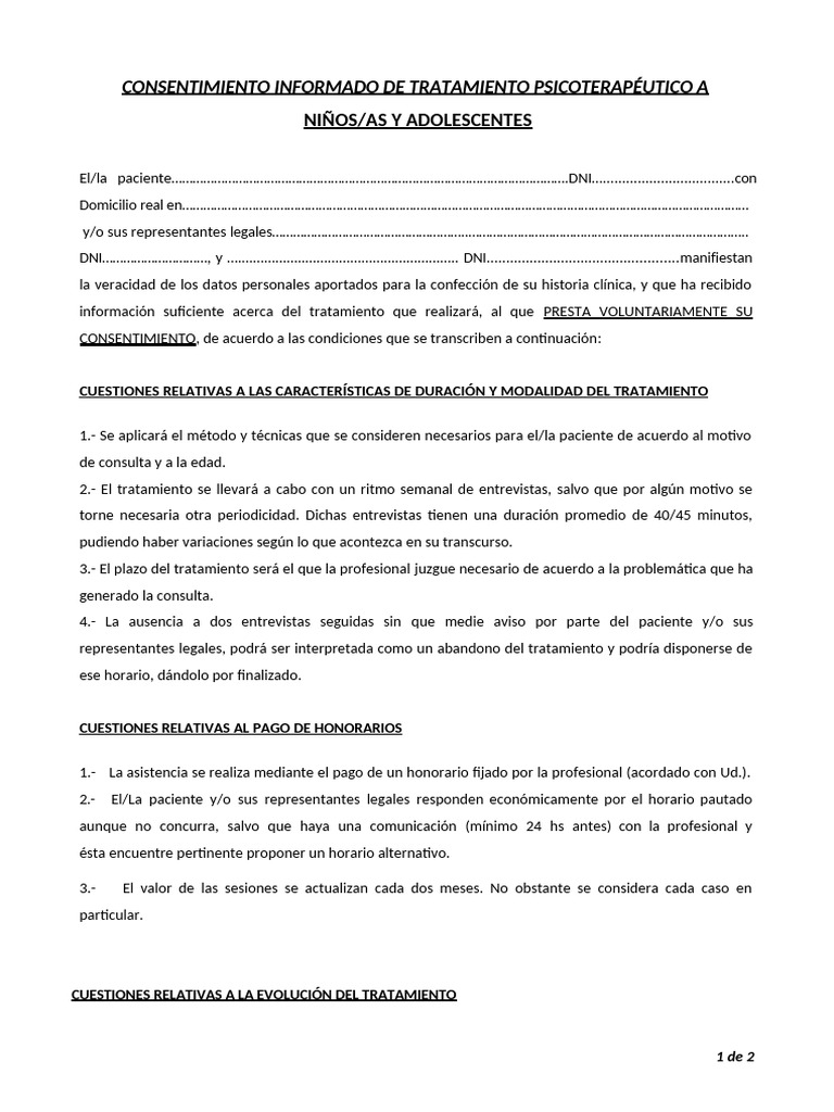 Consentimiento Informado Psicoterapia Infantil | PDF | Consentimiento ...