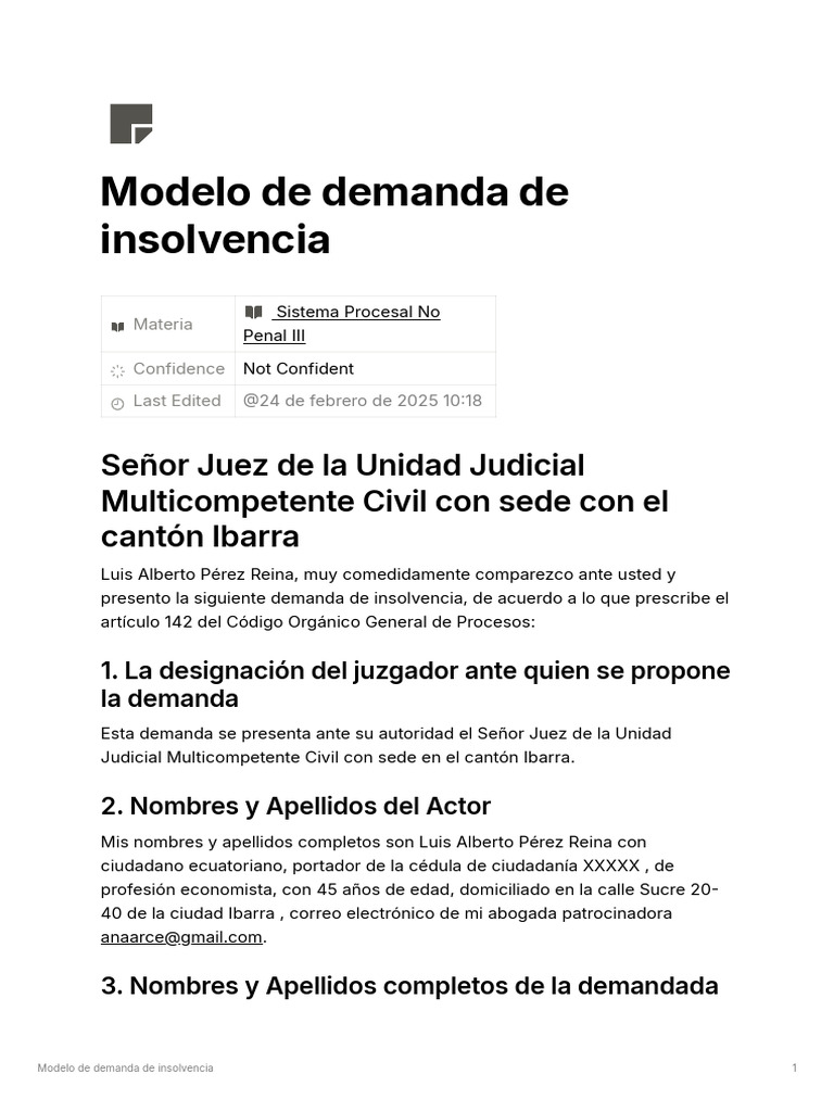 Modelo de Demanda de Insolvencia Civil | PDF | Demanda judicial | Justicia