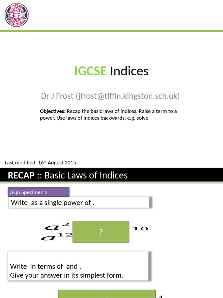 IGCSE Indices: Laws and Exercises | PDF | Mathematics | Equations