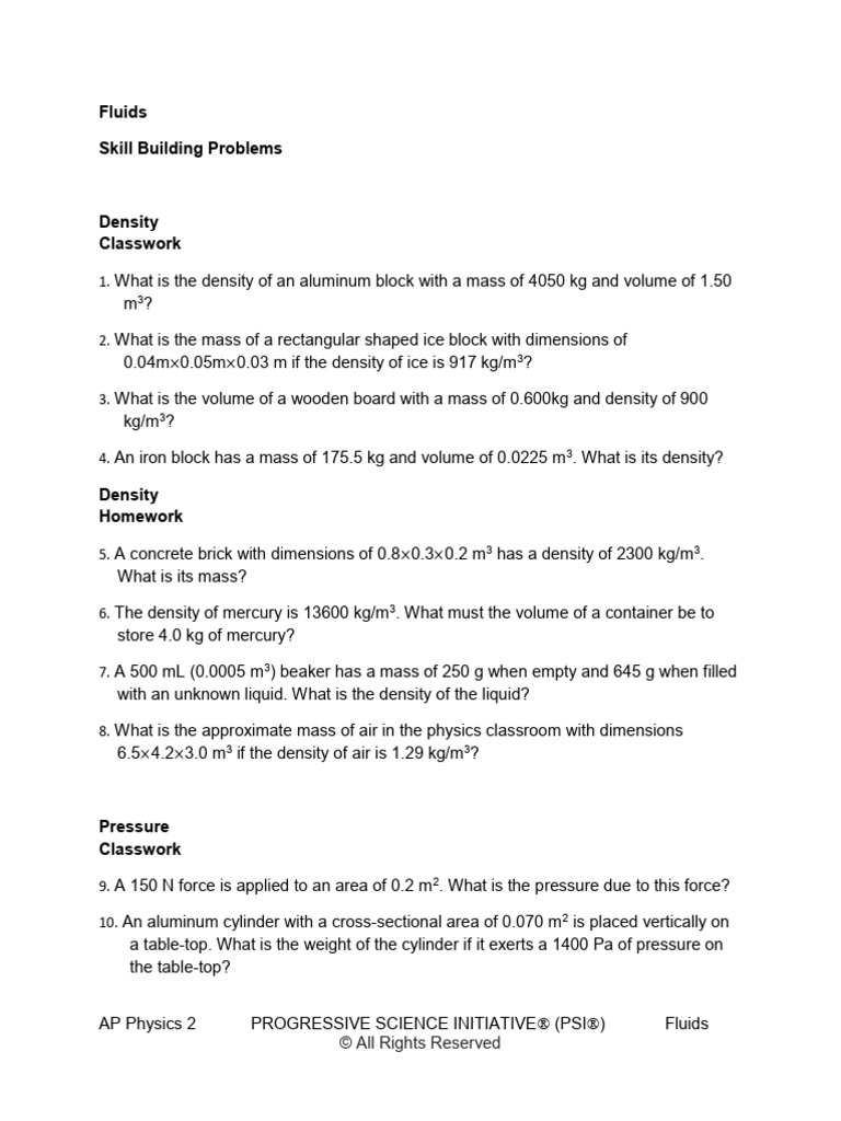 Skill Building Problems Fluids | PDF | Buoyancy | Pressure