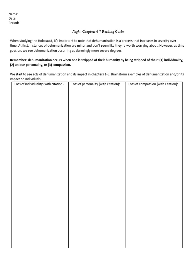 Night - Chapters 6-7 Reading Guide 2022 (1) - 3 | PDF