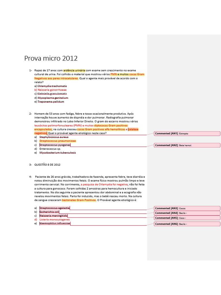 Alanis - PROVA MICRO - CORRIGIDA | PDF | Líquido cefalorraquidiano | Mycobacterium