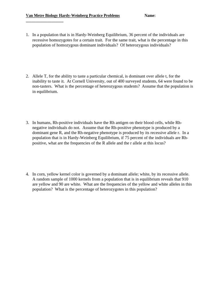 Hardy-Weinberg Equilibrium Practice Problems | PDF