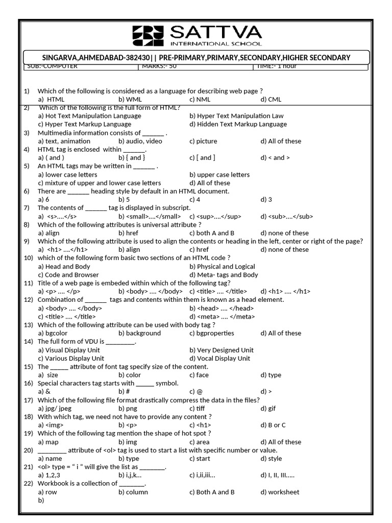 50 EM Comp STD 10th Feb Paper MCQ | PDF | Html | Html Element