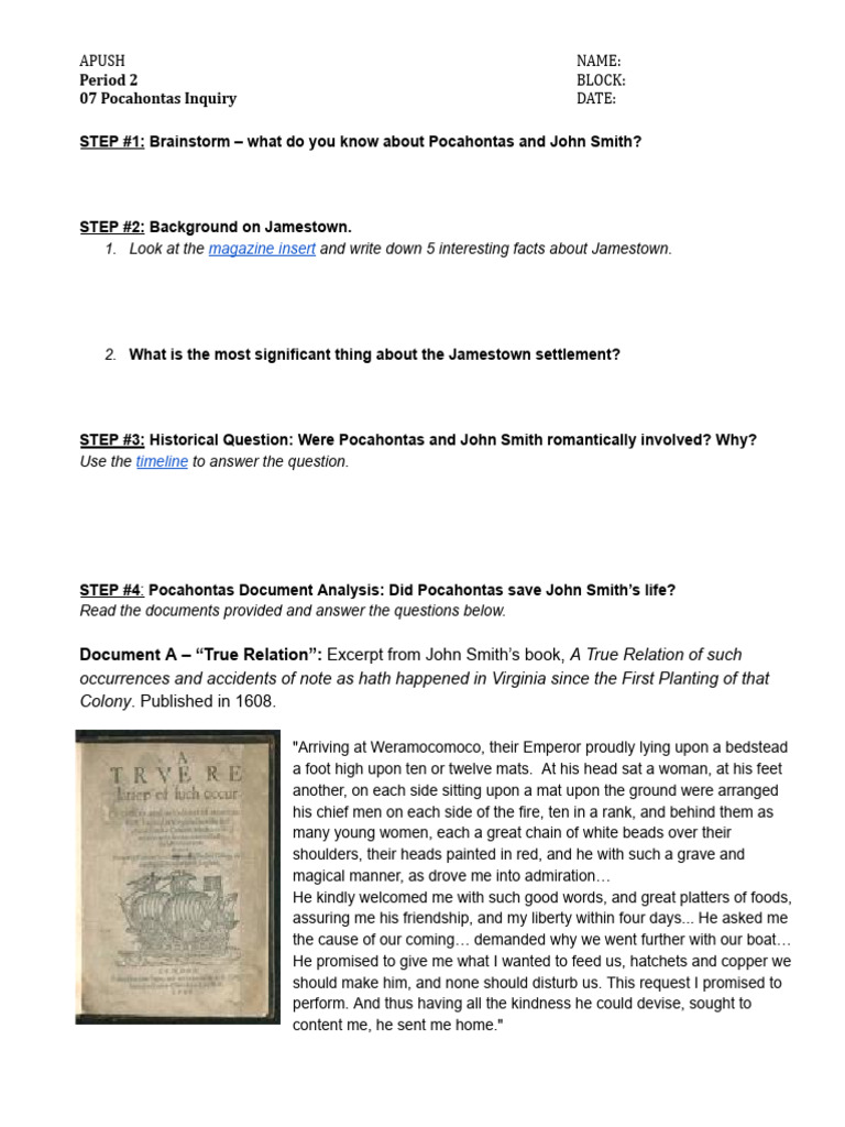 Pocahontas and John Smith: A Historical Inquiry | PDF