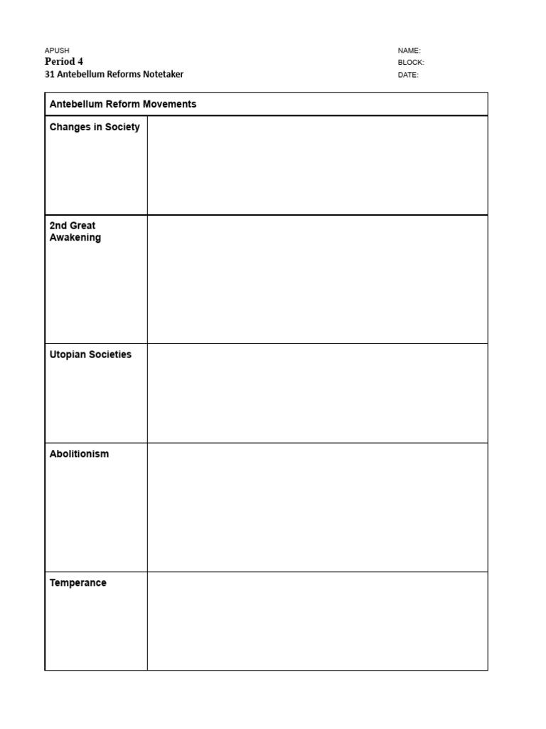 31 Antebellum Reforms Notetaker | PDF