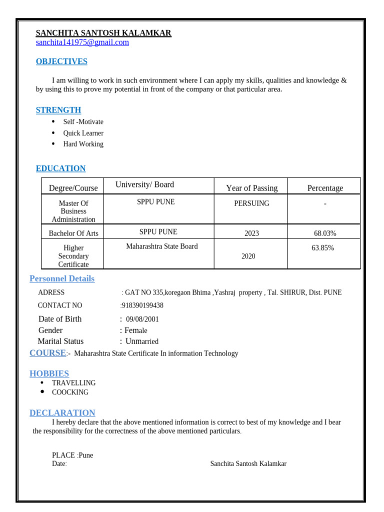 Sanchita Santosh Kalamkar Resume | PDF