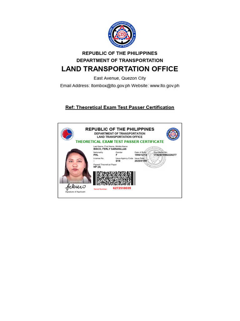 Theoretical Exam Passer Certificate LTO | PDF