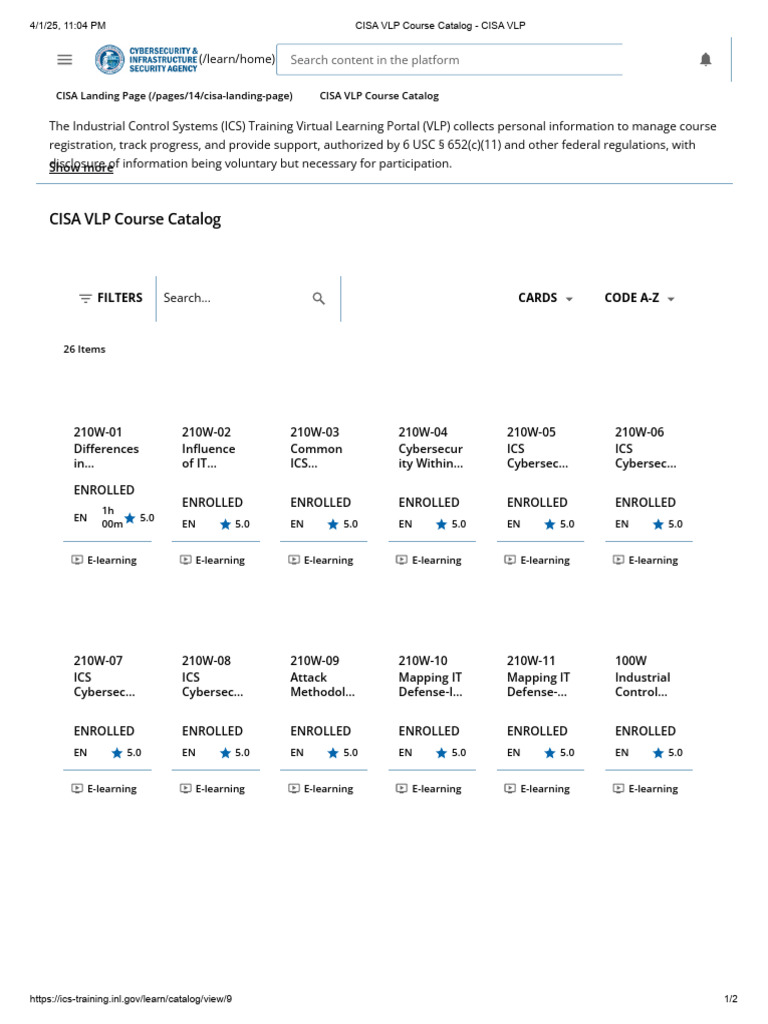 CISA ICS Training Virtual Learning Portal | PDF | Educational ...