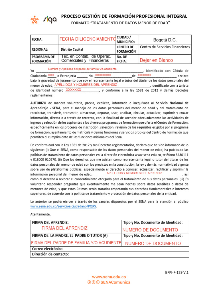 GFPI-F-129 - Formato - Tratamiento - de - Datos - Menor - de - Edad (2) - 1-1 | PDF | Justicia ...