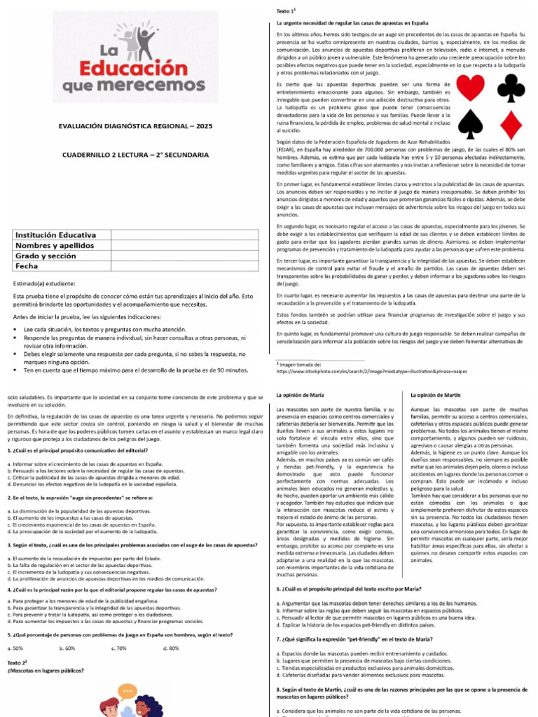 PRUEBA DIAGNOSTICA 2 2DO SEC. 2025 | PDF