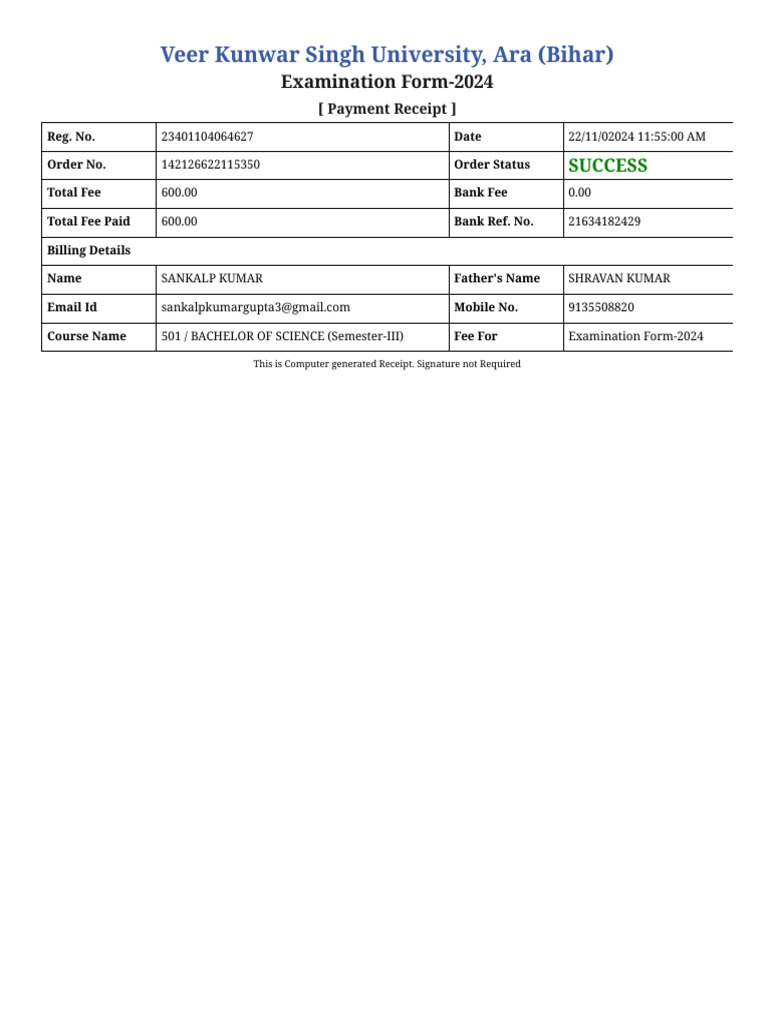 Sem 3 Exam Form Recipt | PDF